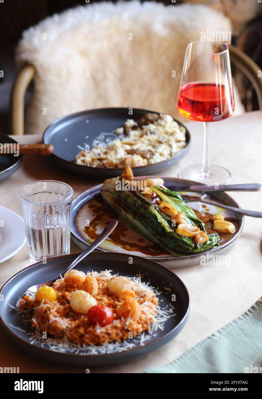 set lunch table with different dishes Stock Photo - Alamy