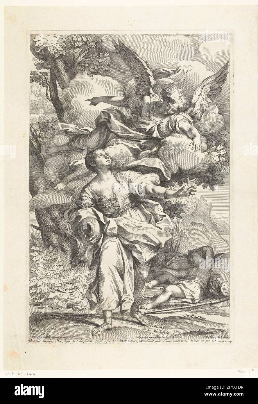 Hagar and Ismaël in the wilderness. An angel points his way to a source ...
