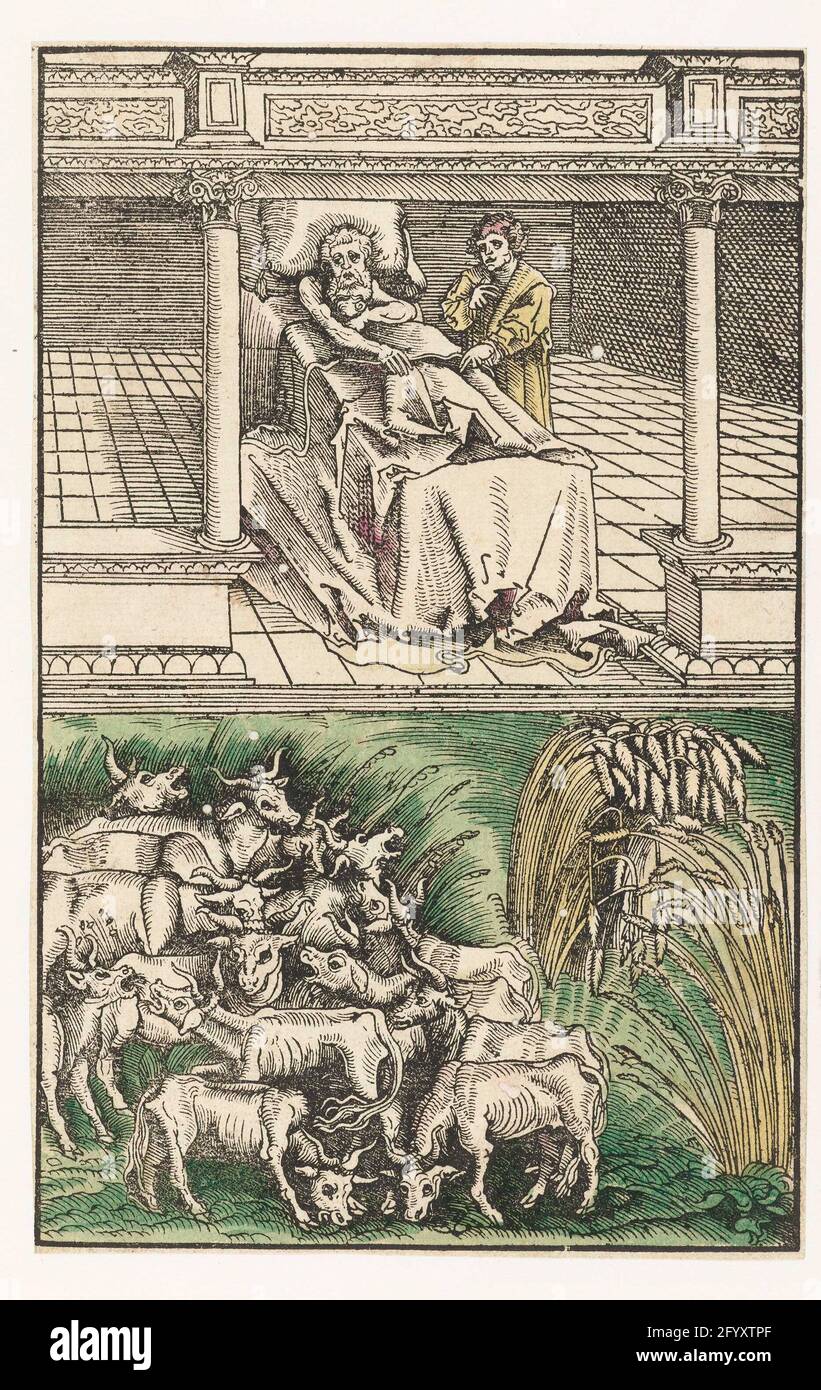 Joseph explains the dreams of Pharaoh. Joseph is next to the Bed of the ...