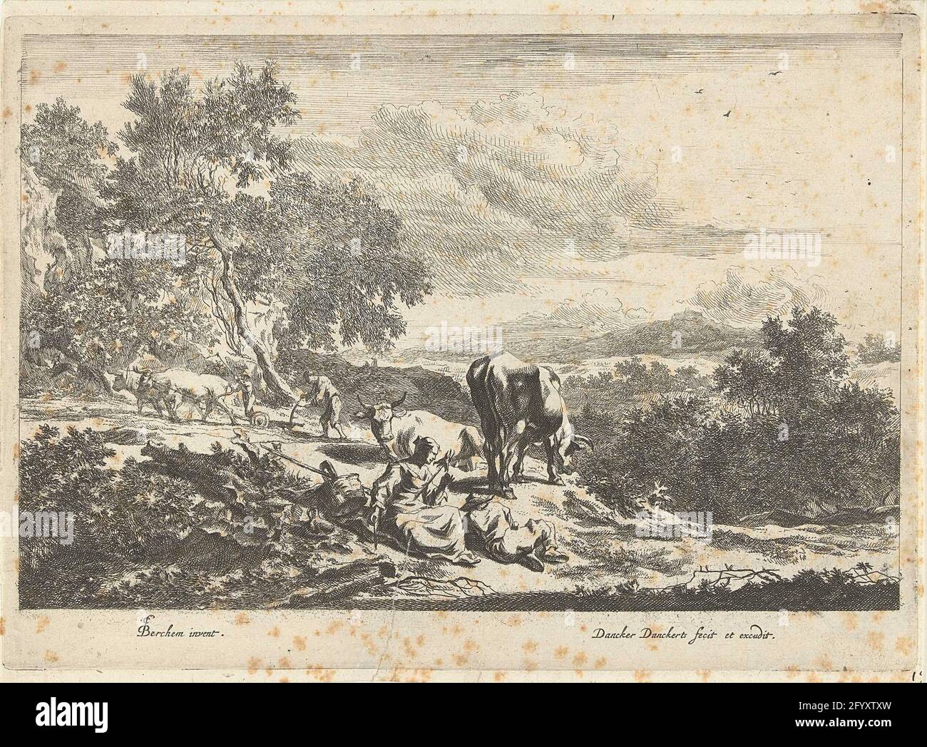 Italian landscape with spinning woman and plowing farmer; Italian ...
