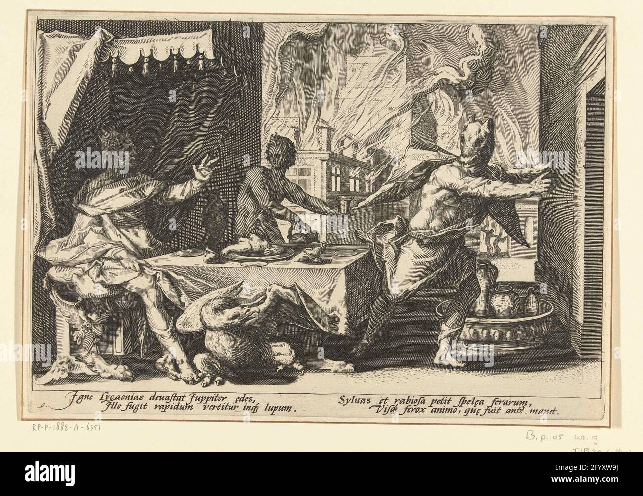 Lycaon changes to a wolf; Ovidius' metamorphoses. Jupiter sits at the ...