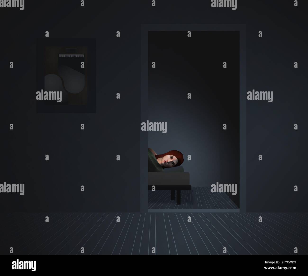 A woman is seen wide awake in a bed inside a doorway of an all gray ...