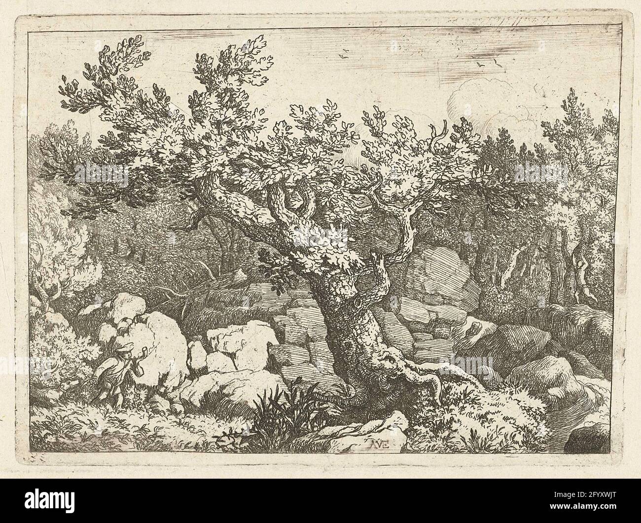 Landscape with hunter at big tree Stock Photo - Alamy