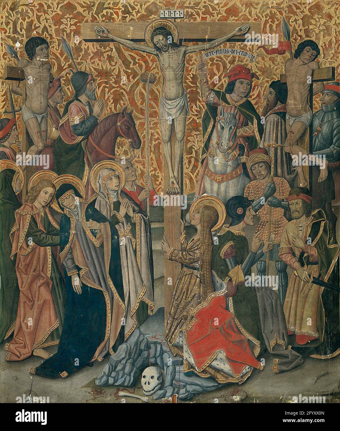 Calvary. Calvary. Part of an altarpiece. The crucifixion, in the middle Christ on the cross ...