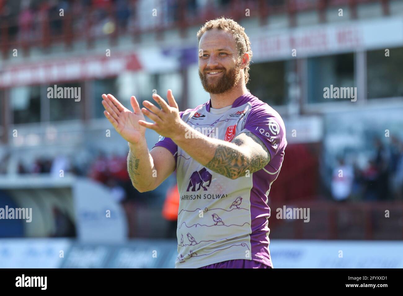 Korbin Sims (10) of Hull KR acknowledges the home fans after the final ...