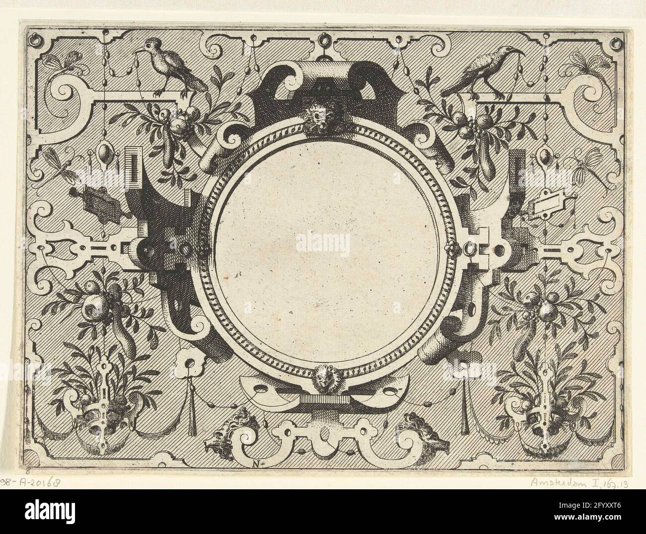 Round cartouche surrounded by rolling with garlands and fruit roses ...