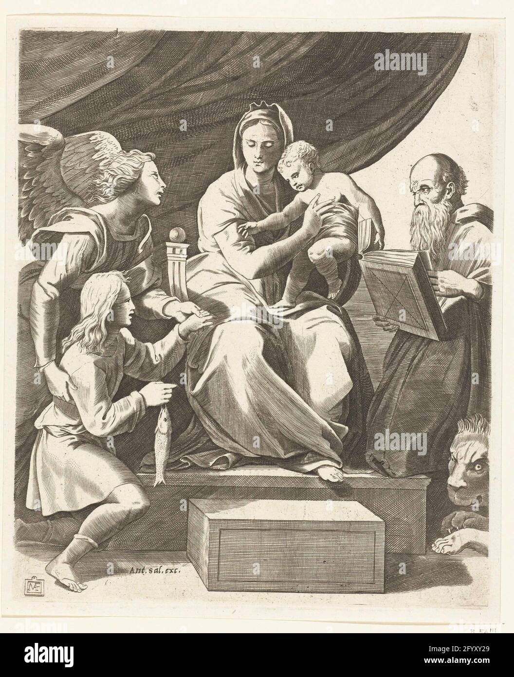 Maria with child flanked by Archangel Michaël with Tobias with fish and ...