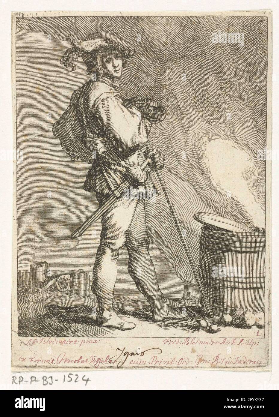 Fire; Ignis; The four elements. A standing soldier with saber in ...