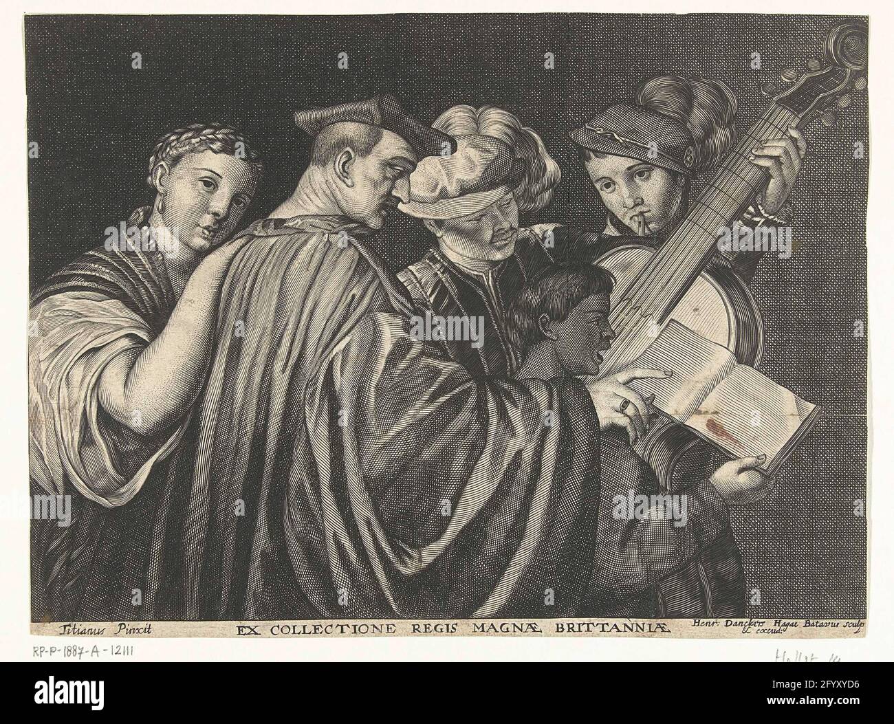 Three men, woman and boy sing and play on musical instruments; The ...