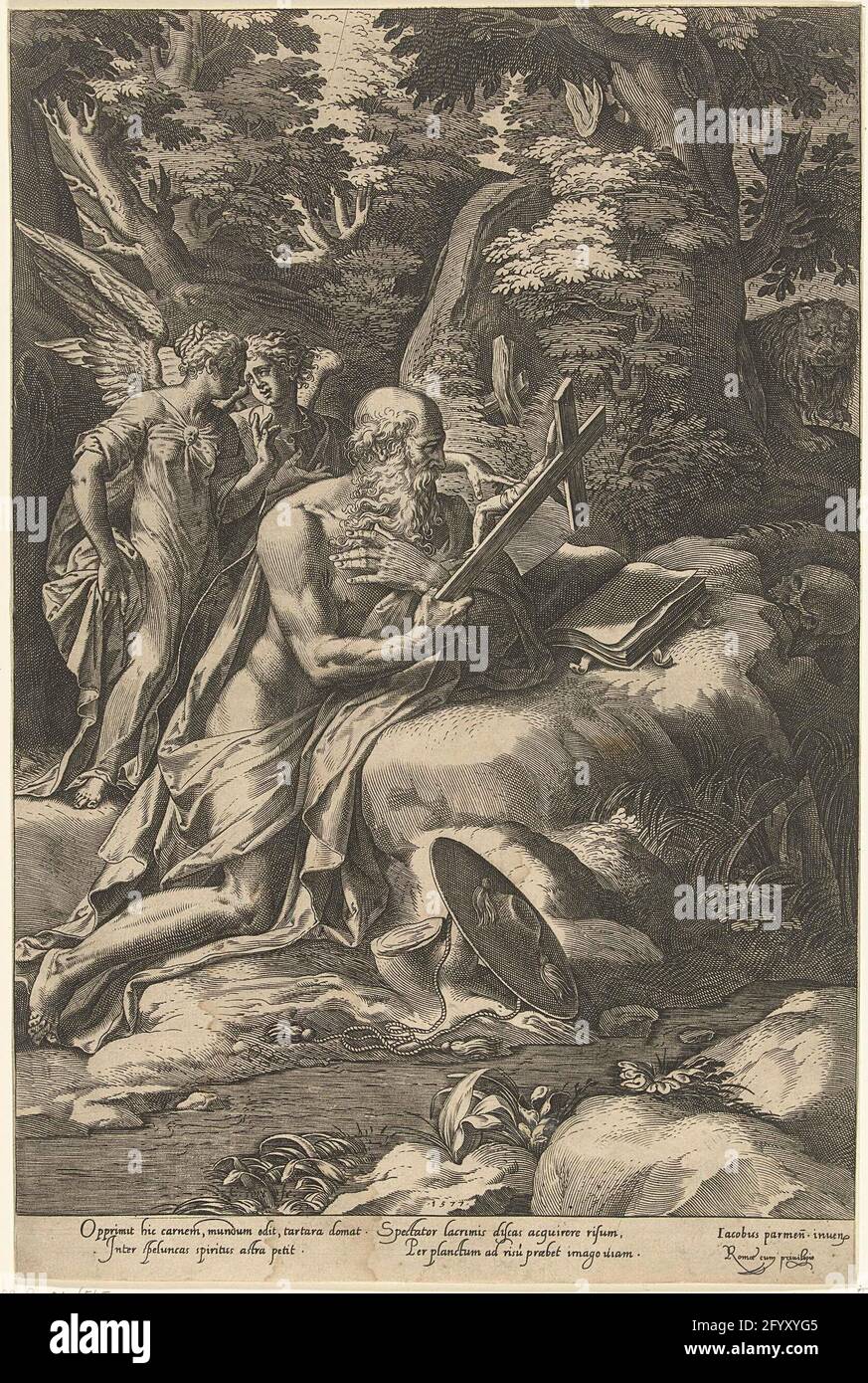 Hieronymus with two angels. Saint Hieronymus kneels with a crucifix in ...