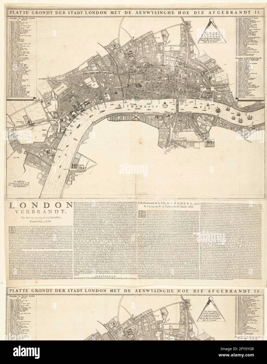 Map of London after the big fire of 1666; Flat roughth of the city of ...