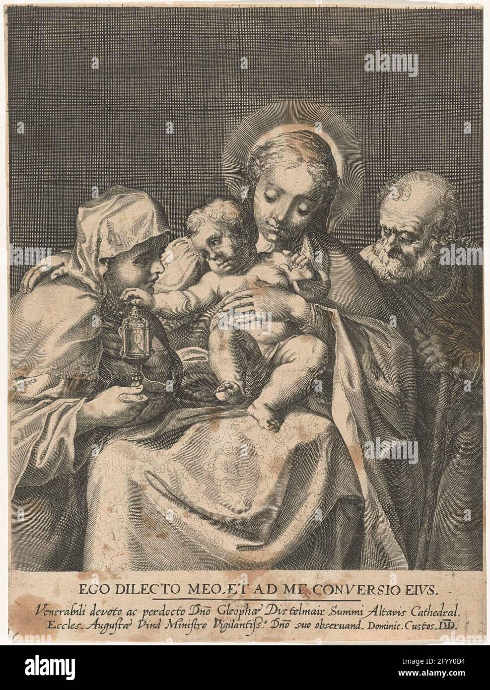 Holy Family with Saint Anna. Maria sits with the child on her lap on a ...