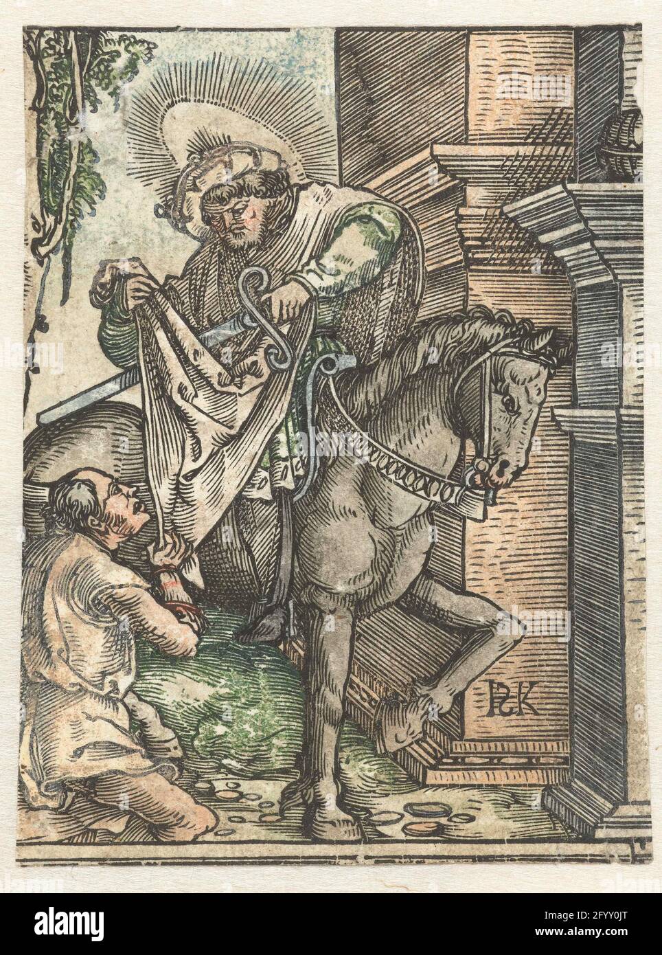 Saint Martinus shares his cloak with a beggar. Sat on his horse cuts ...