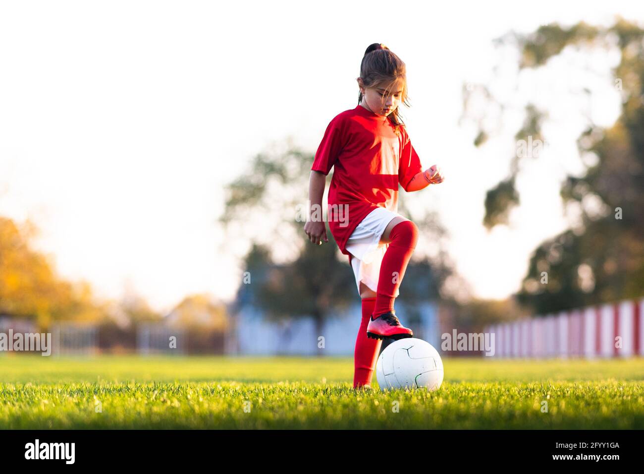 Girl kicks a soccer ball on a soccer field Stock Photo - Alamy