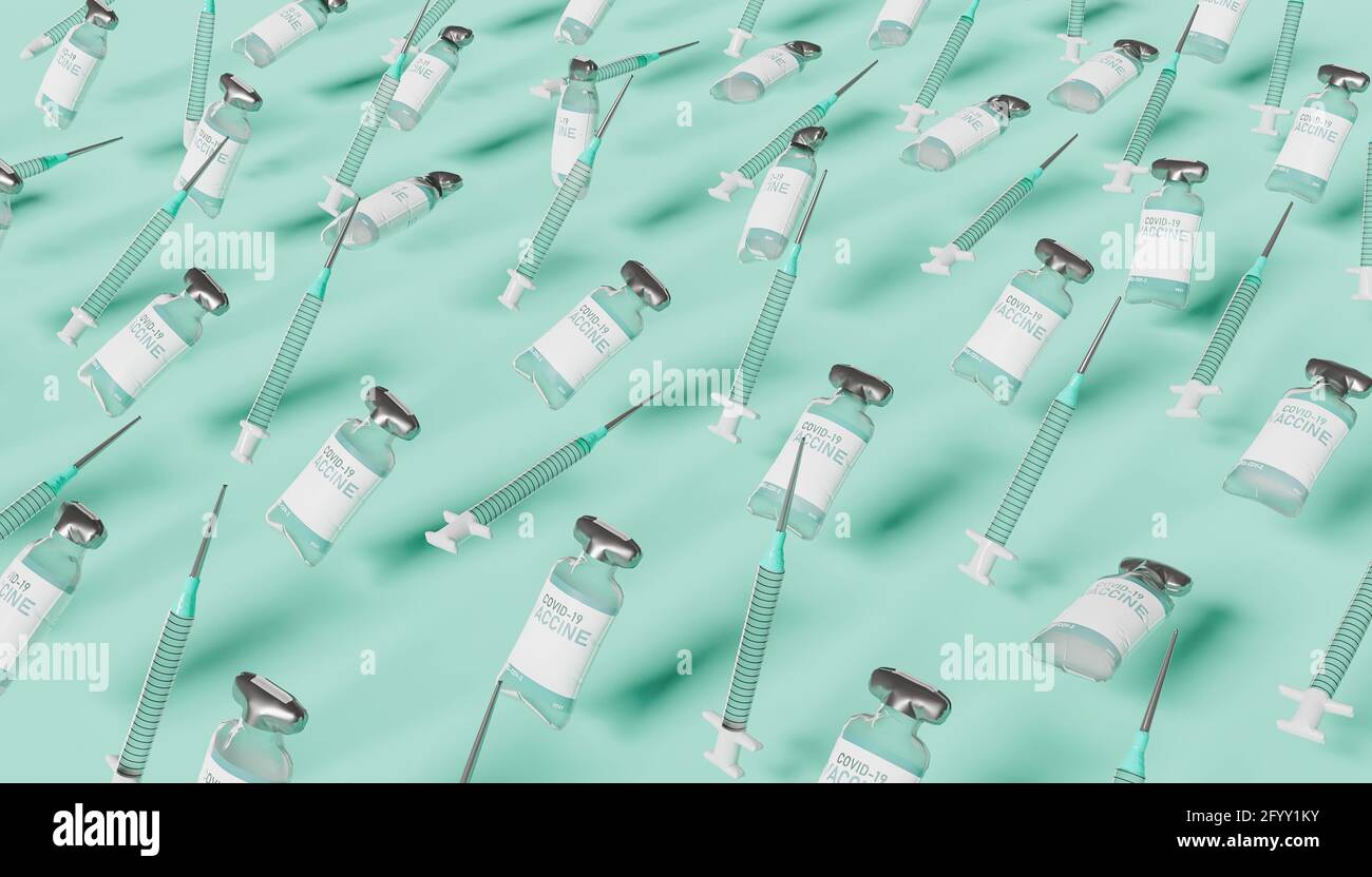pattern of balloons with shape of vaccine vials and syringes floating ...