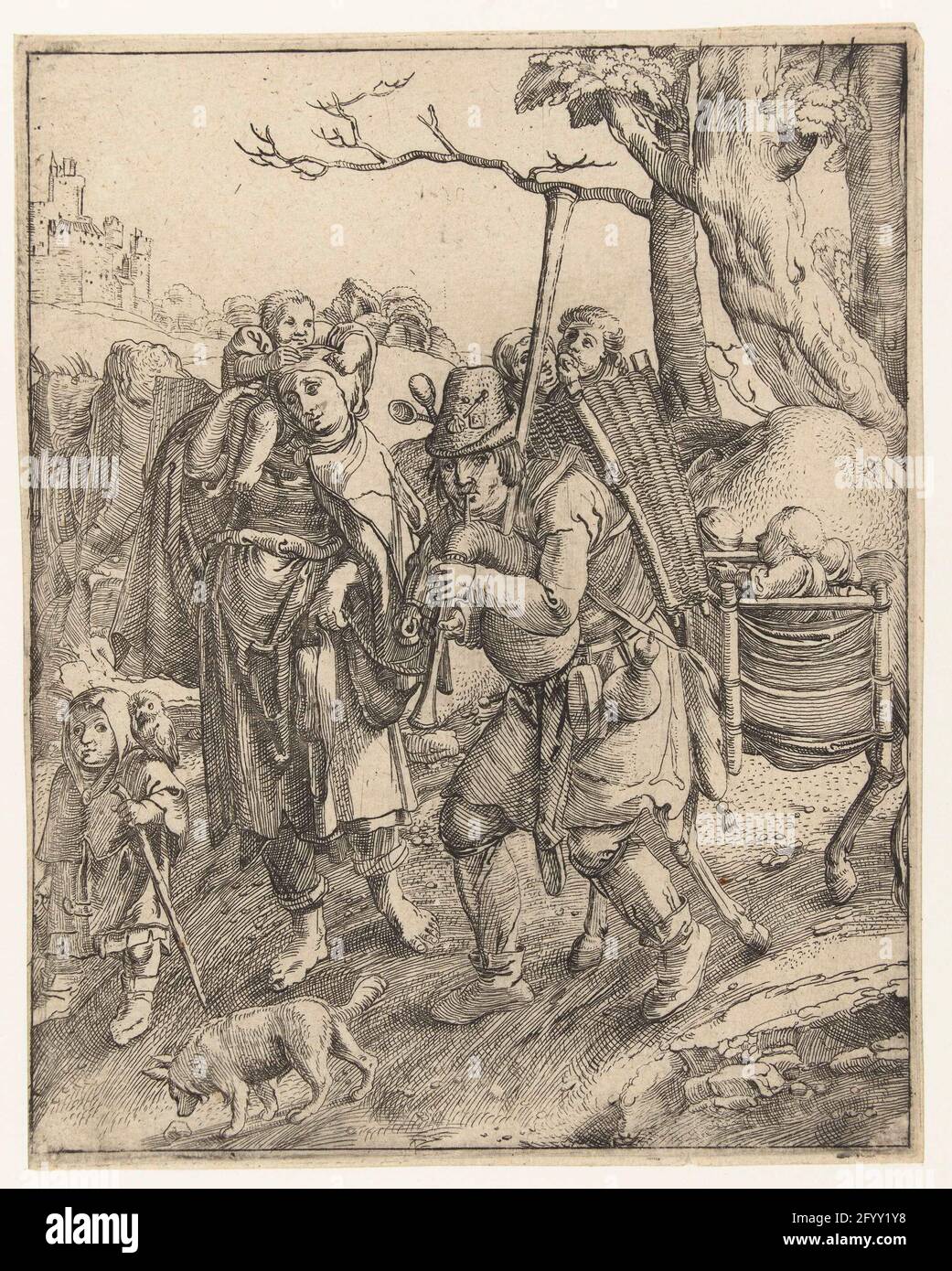 Uilenspiegel: the beggars family. Bagpipe man with two children in the ...