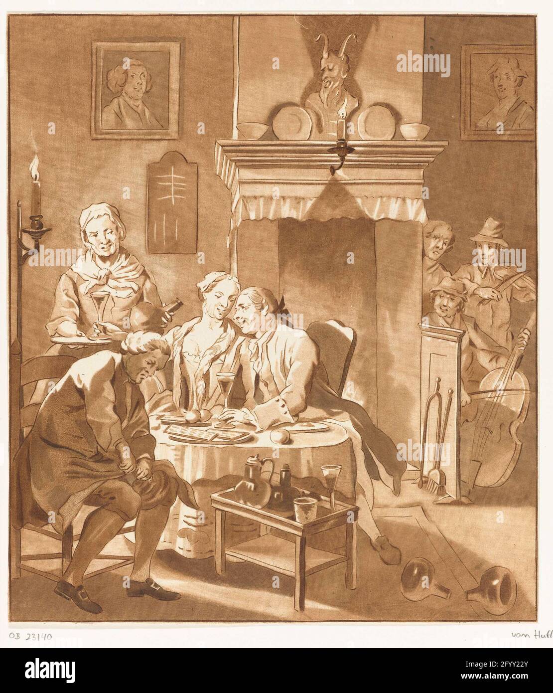 Interior with drinking couple; The false sham likes discovered. Two men ...