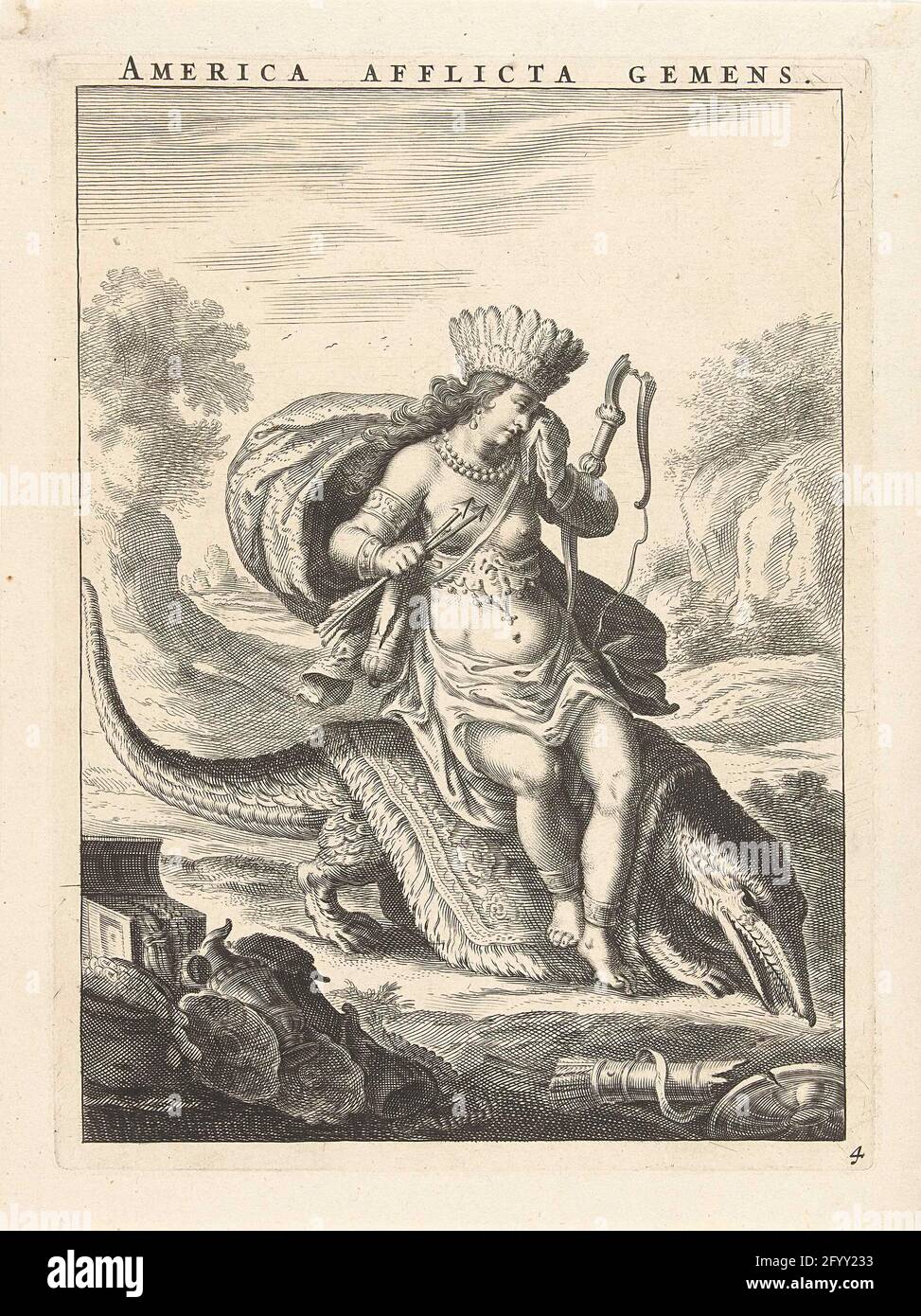 Female personification of America as woman with headdress of feathers ...