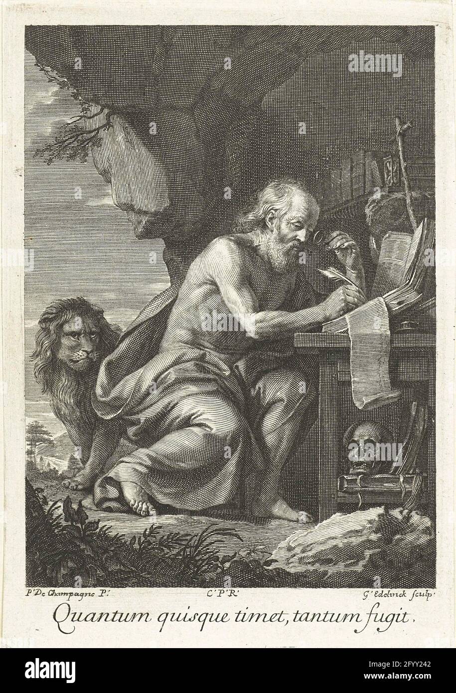 Saint Hieronymus. The Holy Hieronymus is writing a table in a cave ...
