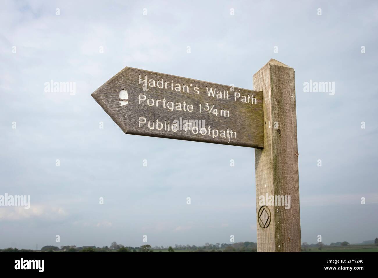 isolated wooden Hadrian's Wall path sign in Northumberland Stock Photo ...