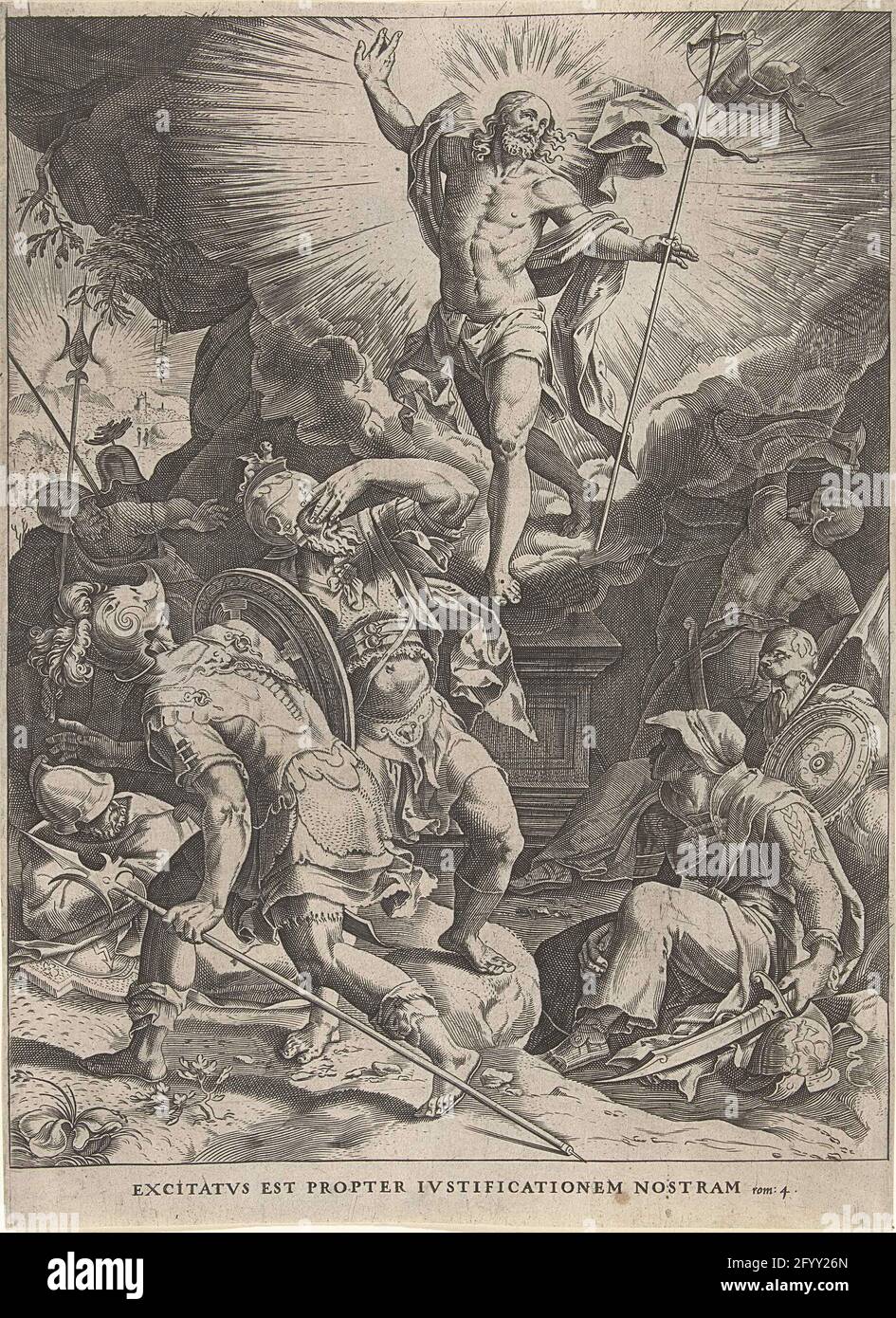 Resurrection of Christ. Christ rises from the grave. Soldiers are ...