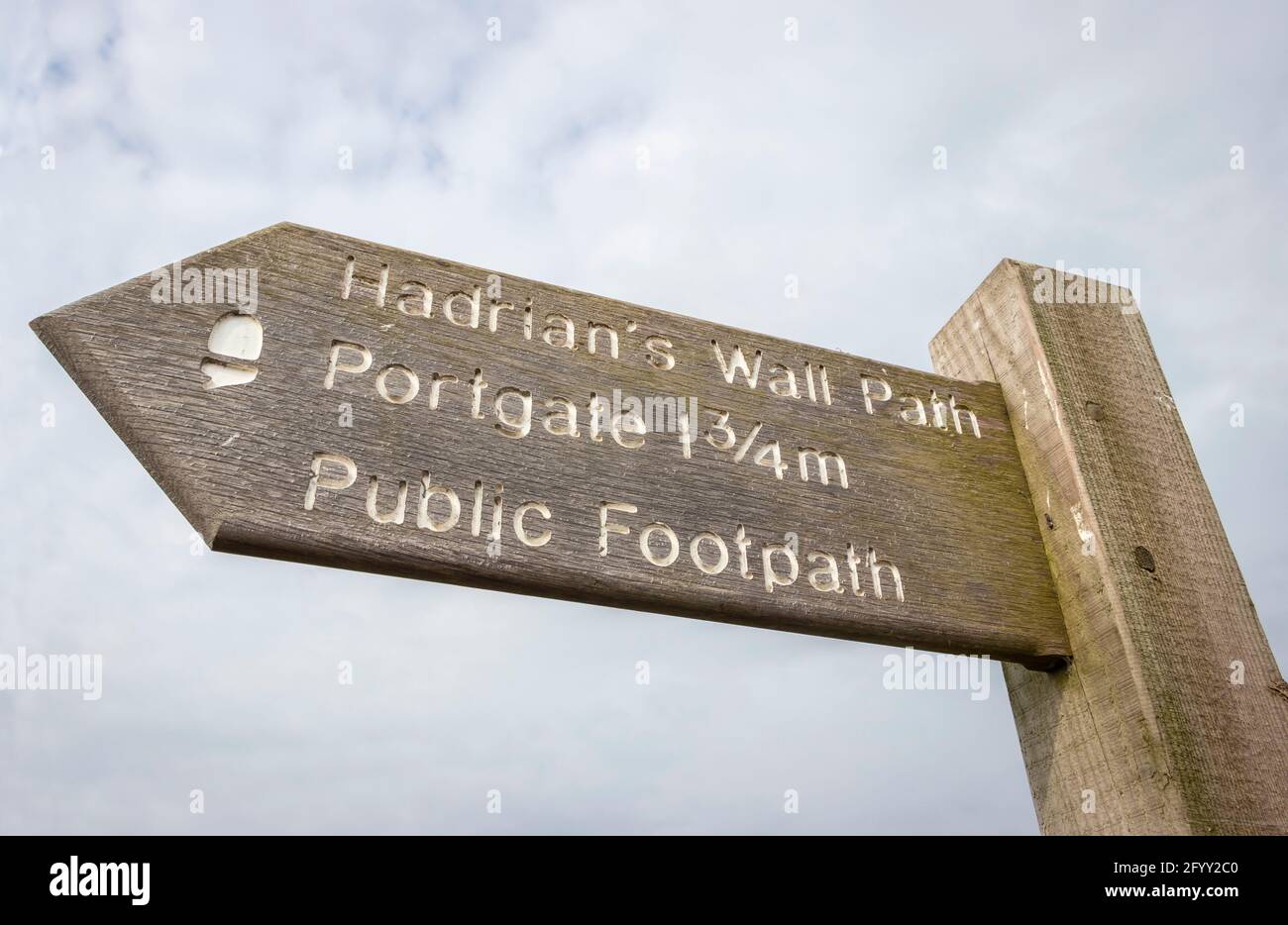 isolated wooden Hadrian's Wall path sign in Northumberland Stock Photo ...