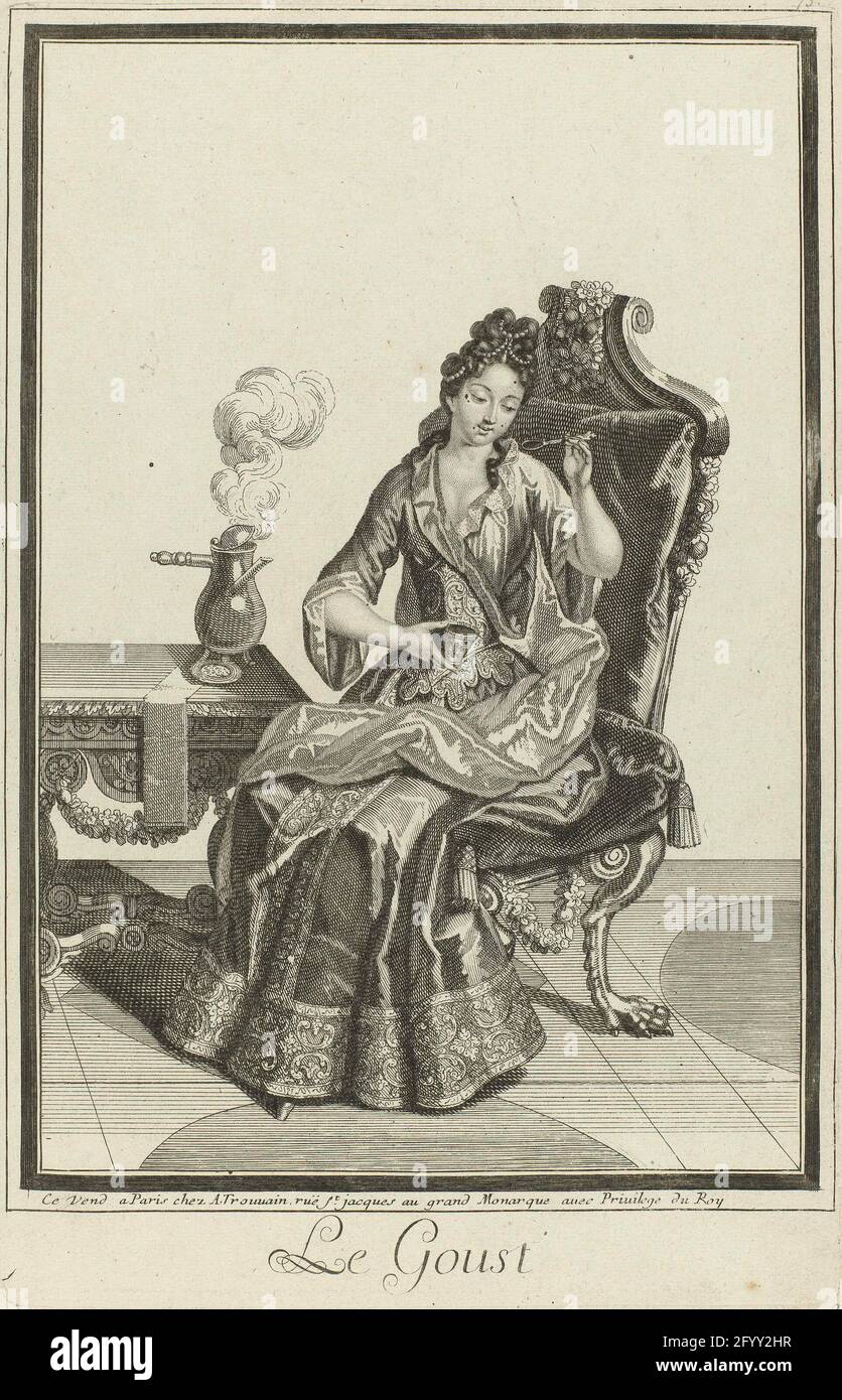Taste; Le Goust; The five senses. A seated woman with a cup in the ...