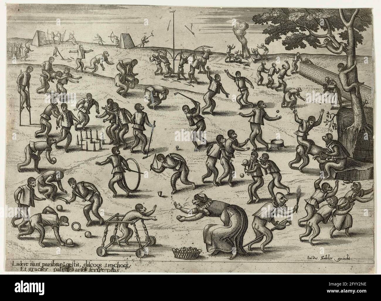 Children's games; Monkey game. In an open field, monkeys are exercising ...