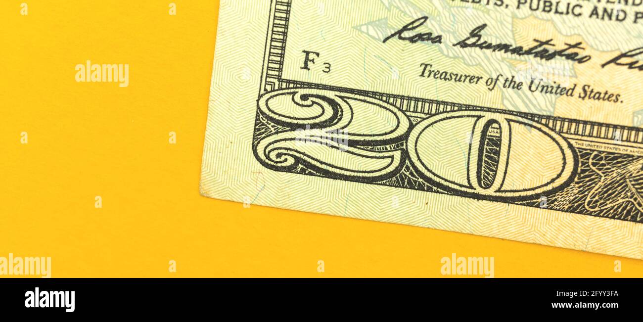 Twenty dollar bill banner, investment money concept, top view and ...