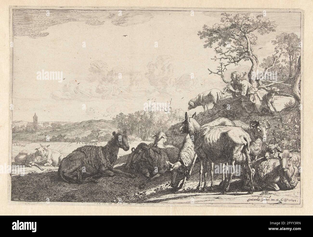 The shepherd. Sheep shepherd with dog on a hill, playing on a flute ...