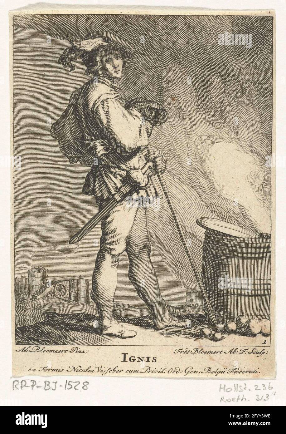 Fire; Ignis; The four elements. A soldier with saber stands in a ...