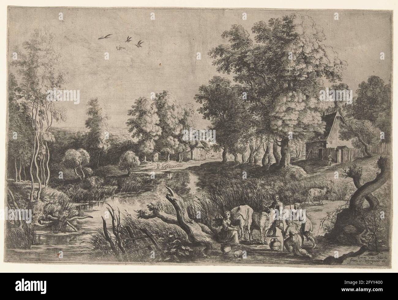 Farmers with cattle at a stream. Landscape with a stream and two farms ...