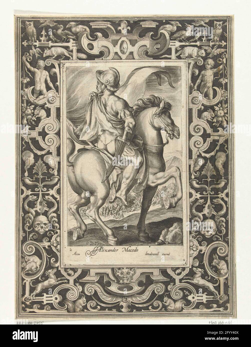 Held Alexander the Great on horseback in frame with ornaments ...