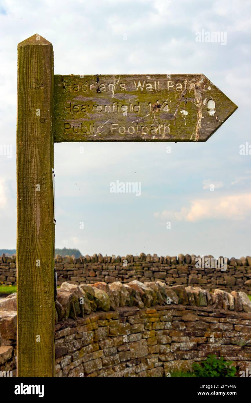 isolated wooden Hadrian's Wall path sign in Northumberland Stock Photo ...