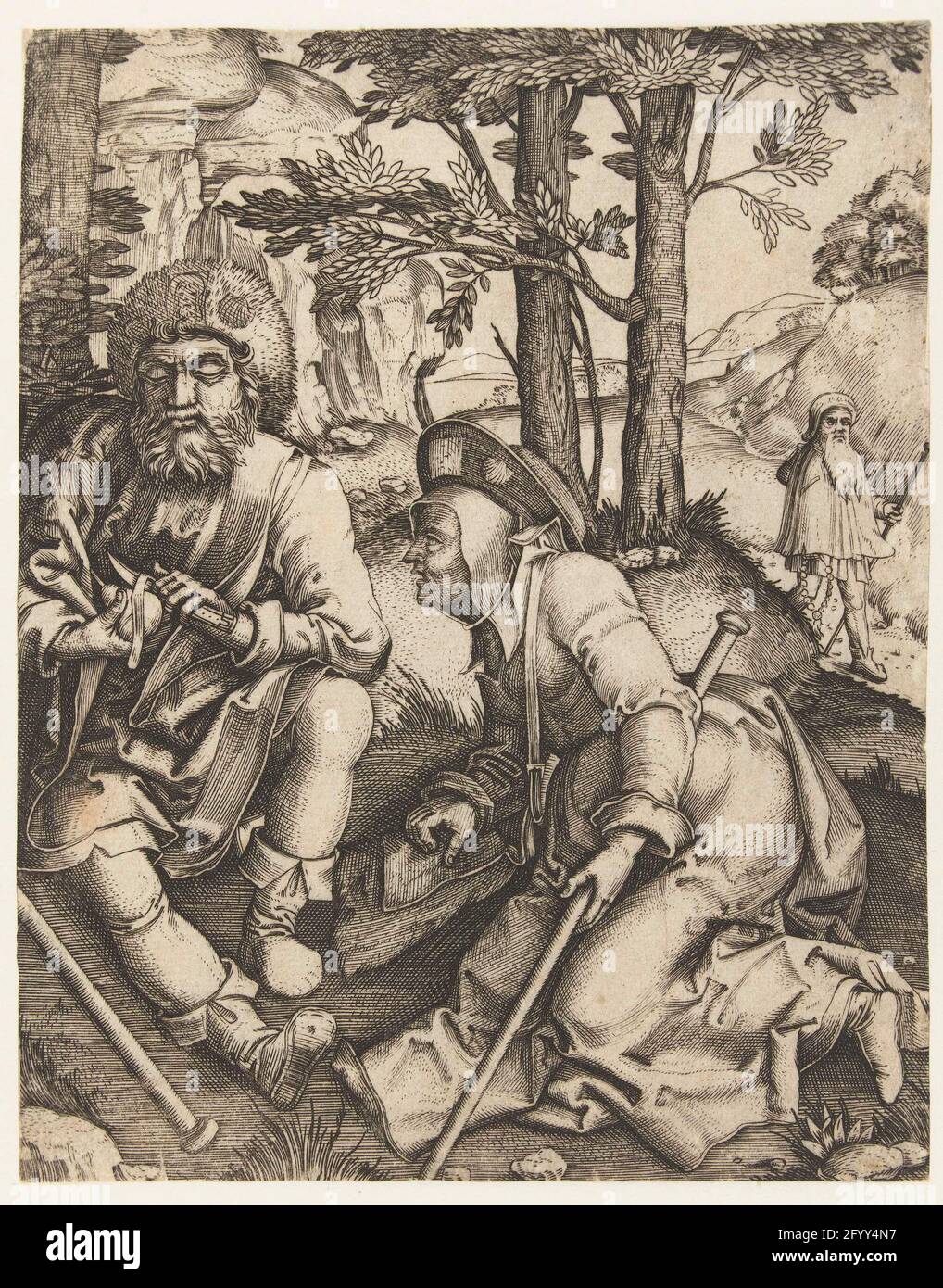 Three pilgrims. Male and female pilgrim sitting in landscape with staff ...