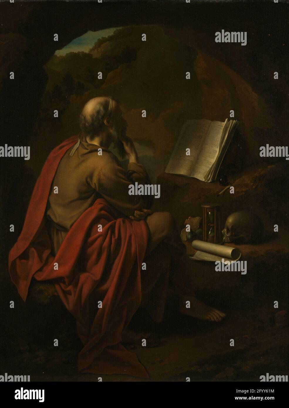 St Jerome. Saint Hieronymus sitting in a cave, reading in a book. For ...