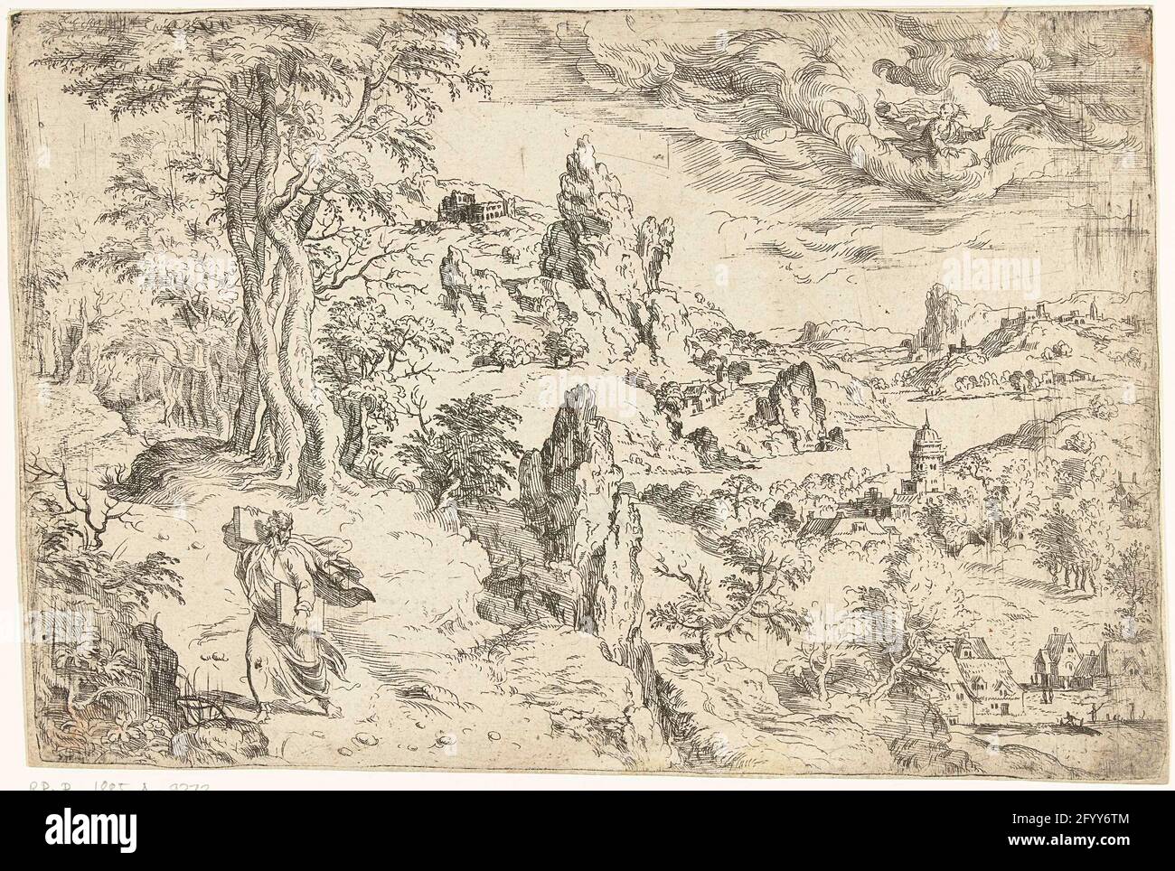 Moses with the stone tablets of the law. Rocky landscape with a river ...