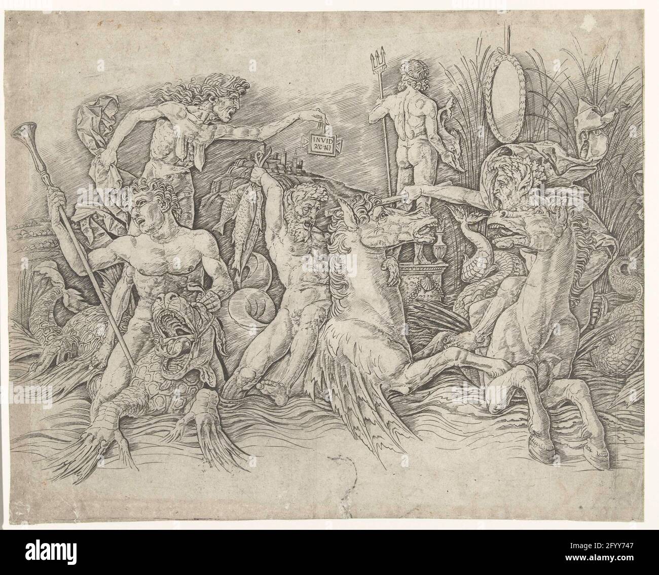 Fight between satyrs moving on hippocampuses and old woman as a ...