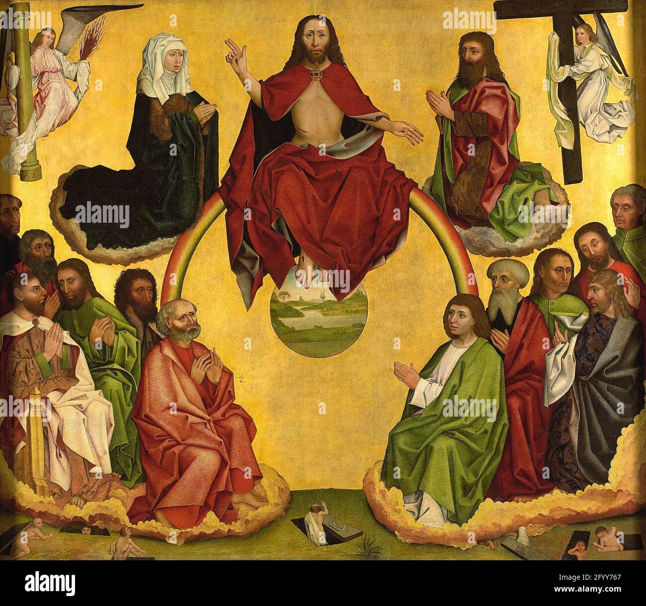 Last Judgment. The final judgment. Christ sitting on the rainbow with ...