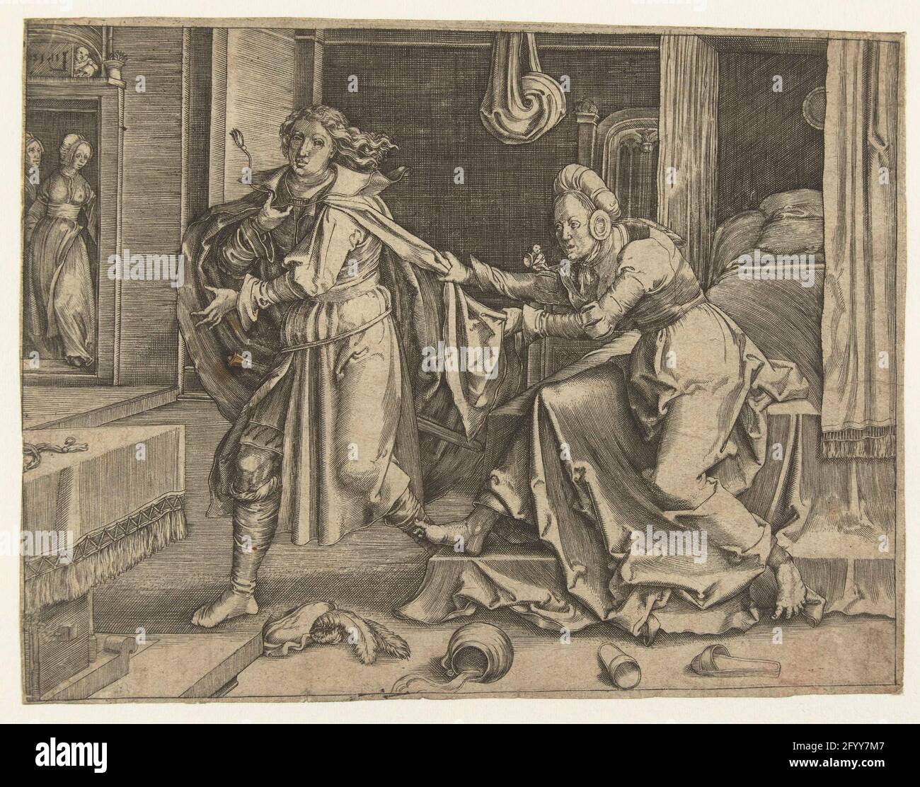 Jozef escaped Potifar's wife; History of Jozef. Copy in mirror image ...