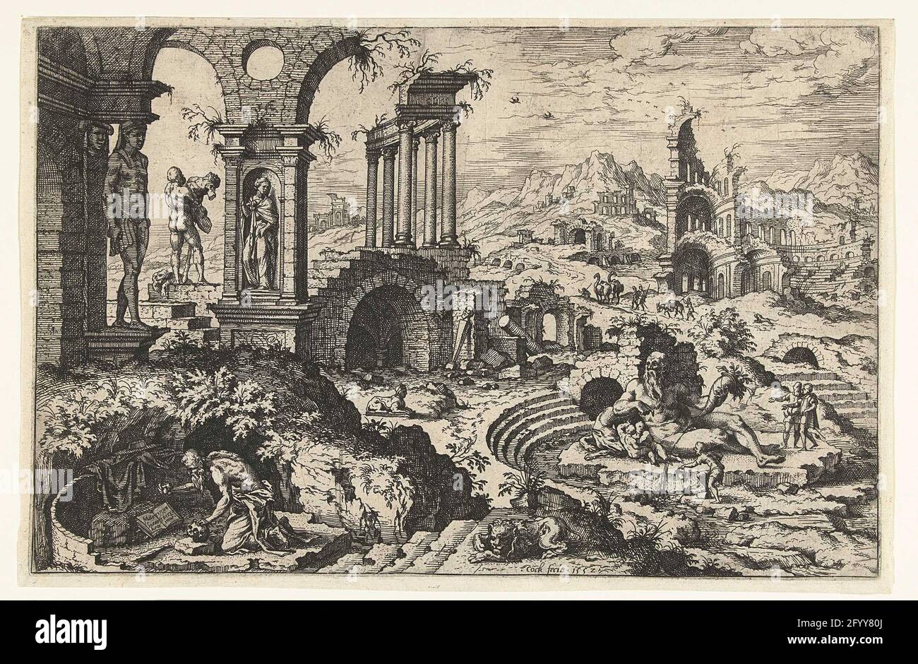 Ruin landscape with the penitent hieronymus. In a landscape with ...