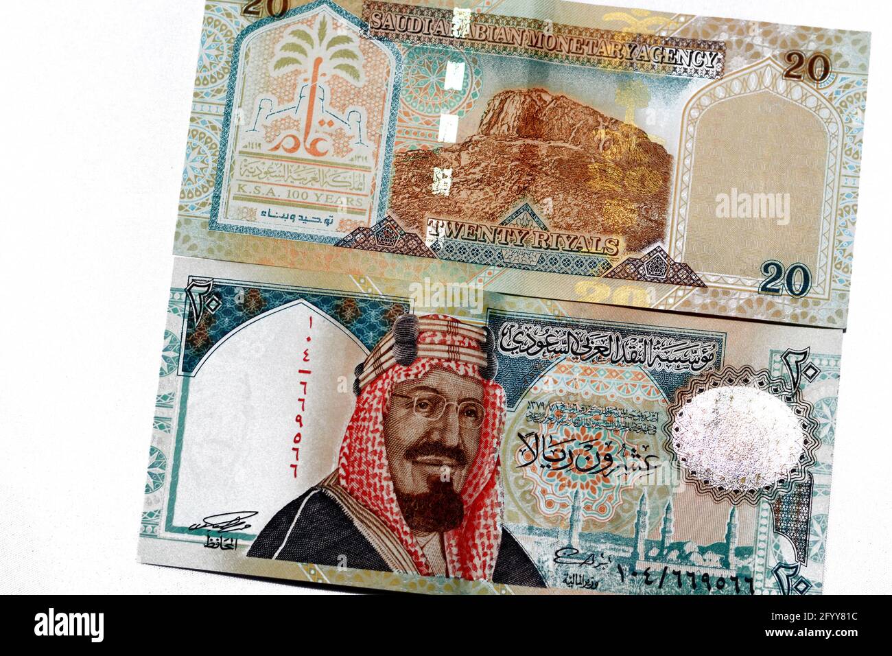 Saudi Arabia 20 riyals banknote, The Saudi riyal is the currency of Saudi Arabia, selective ...
