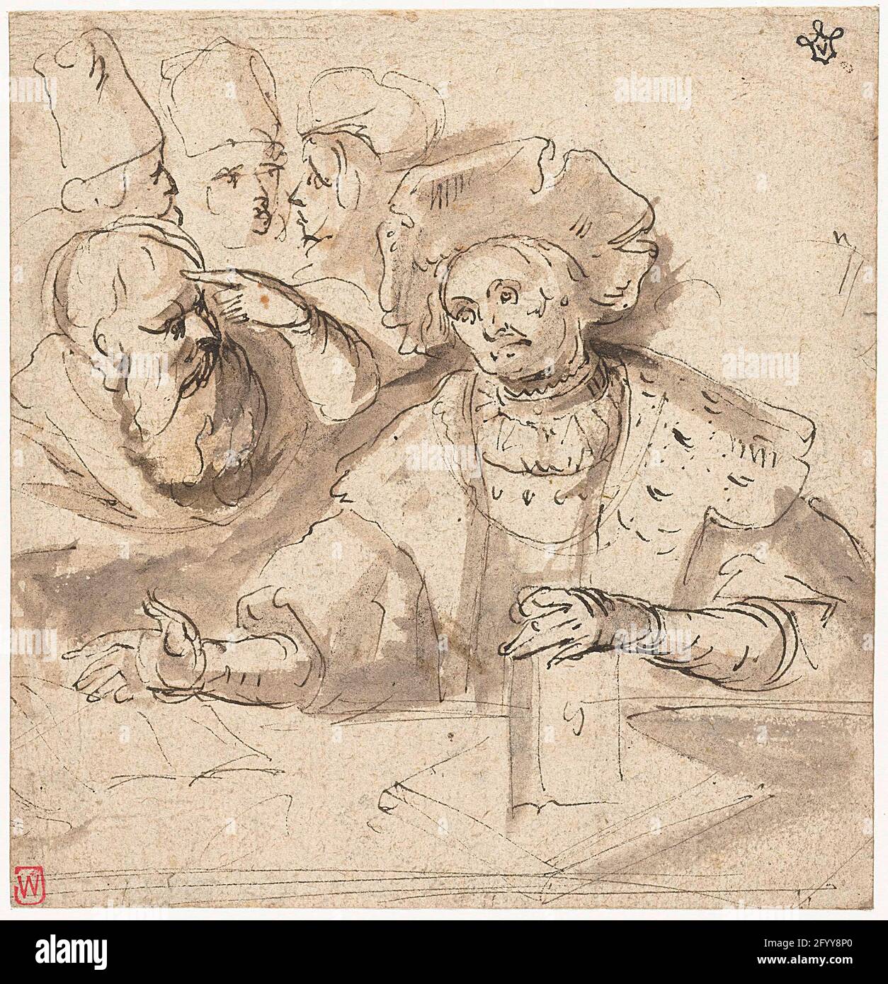 Group of philosophers or scribes at a table with books Stock Photo - Alamy