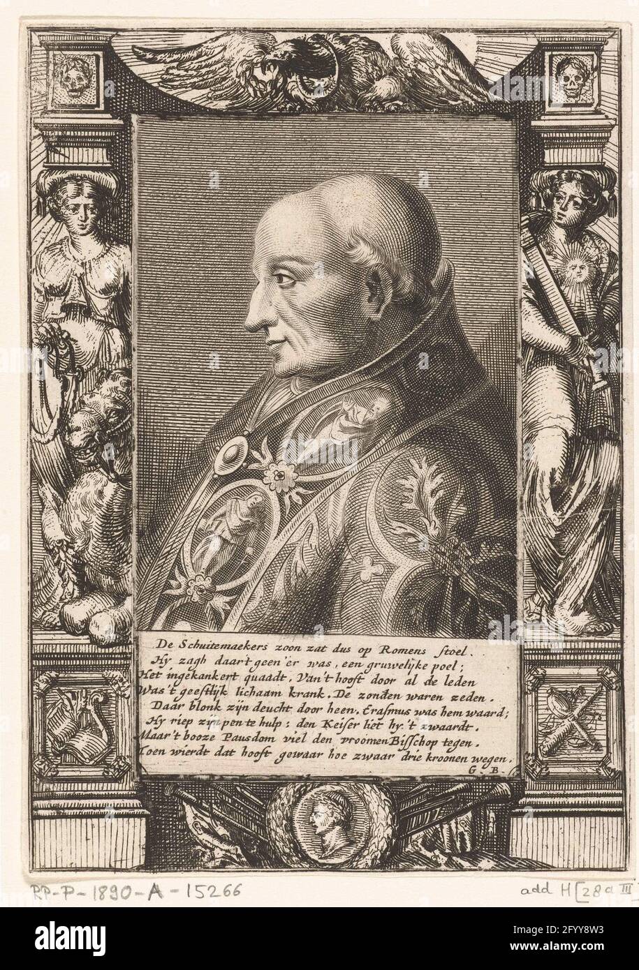 Portrait of Pope Adrianus VI. Printed from two plates. Portrait bust of ...