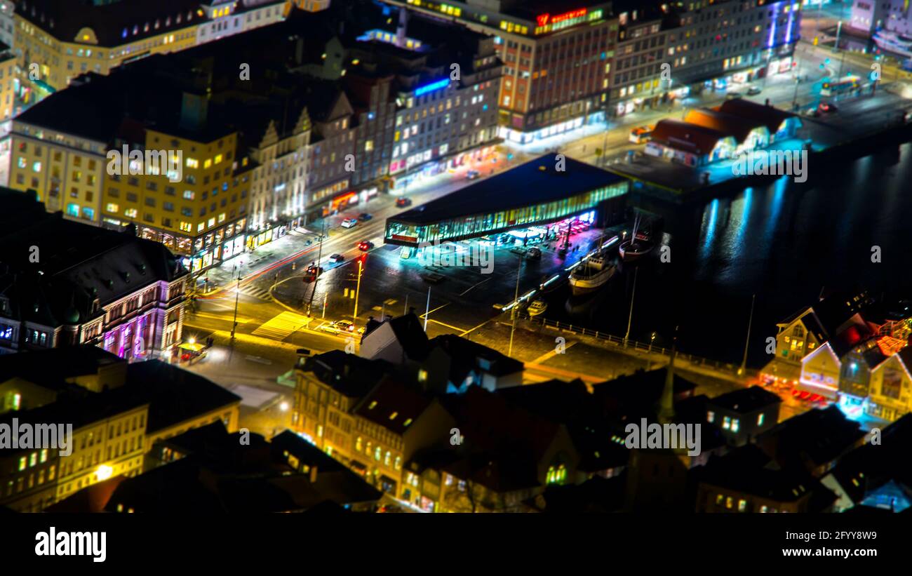 The illuminated Bergen port at night, Norway Stock Photo - Alamy
