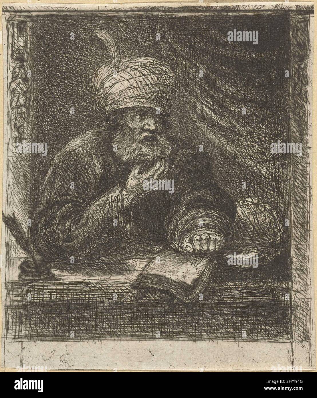 Man with turban behind a writing table. A man with a turban is behind ...