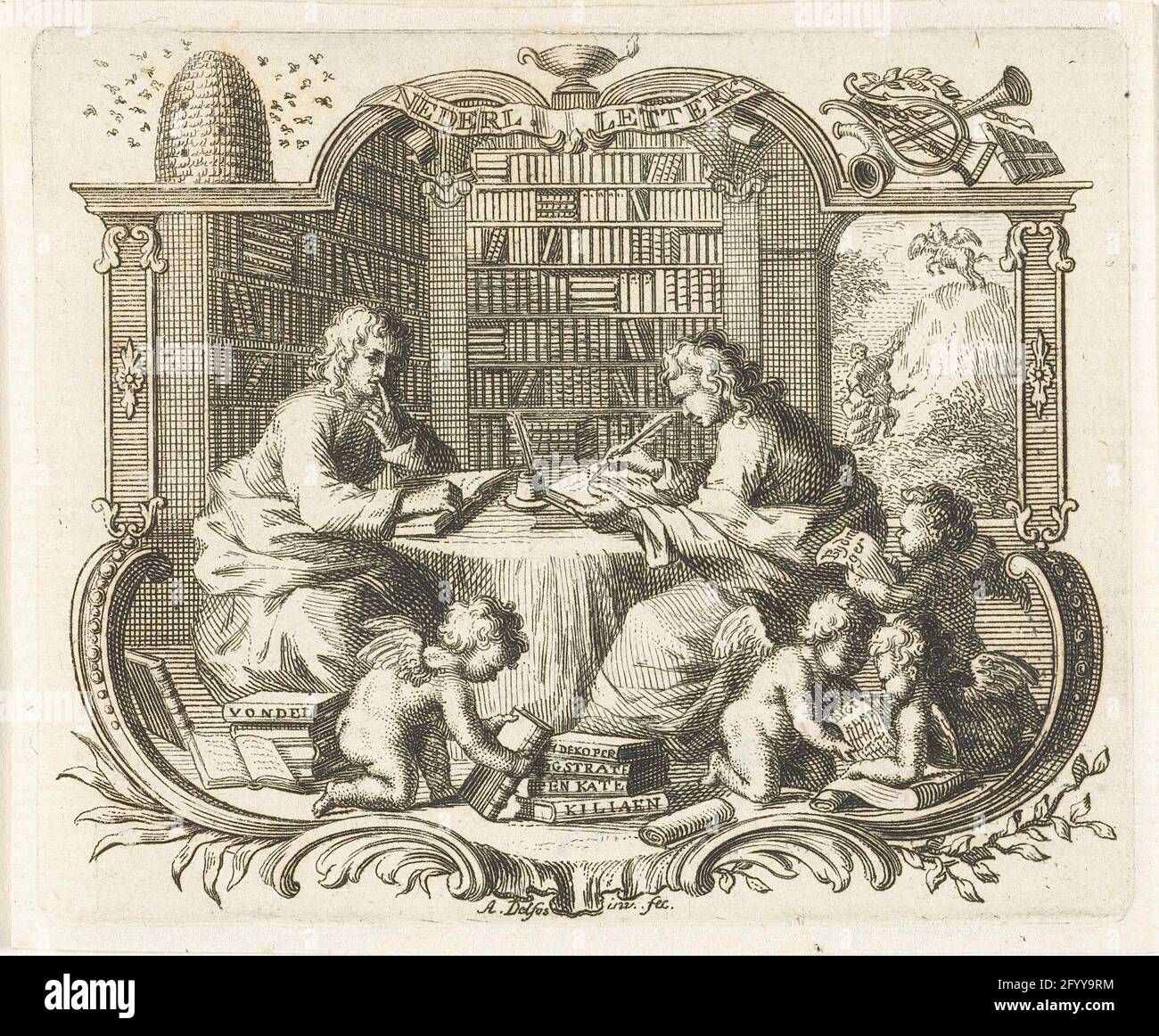 Two young scholars in a library, in cartouche. Two young scholars at ...