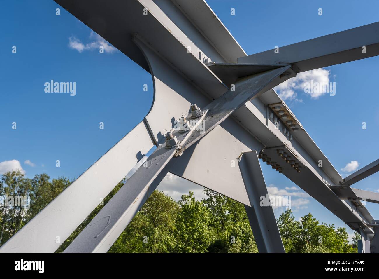 iron steel frame construction of bridge on blue sky background. bridge ...