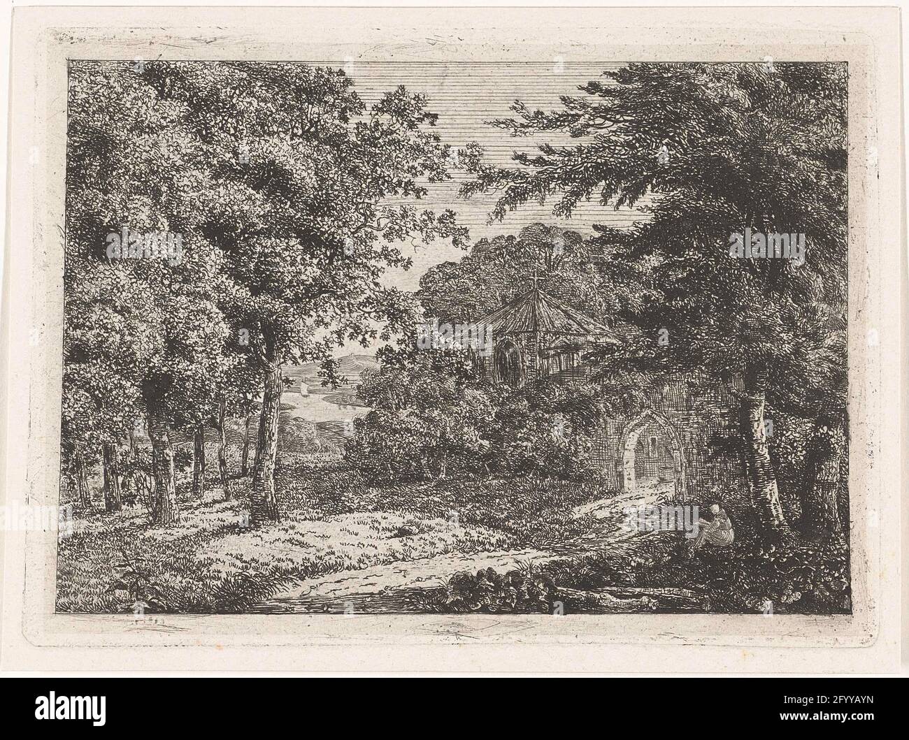 Landscape with chapel between trees and reading monk Stock Photo - Alamy