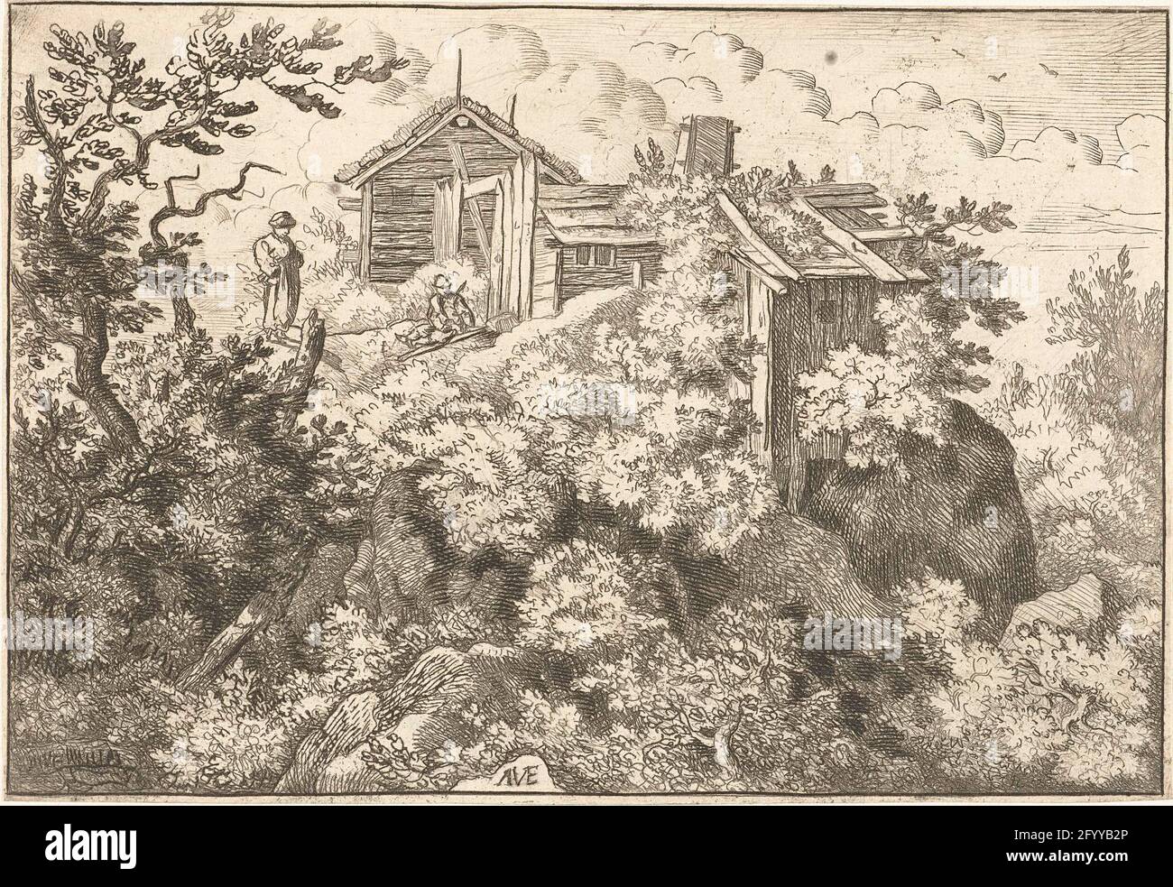 Three cottages on a rock. View of wooden houses on a rock overgrown ...